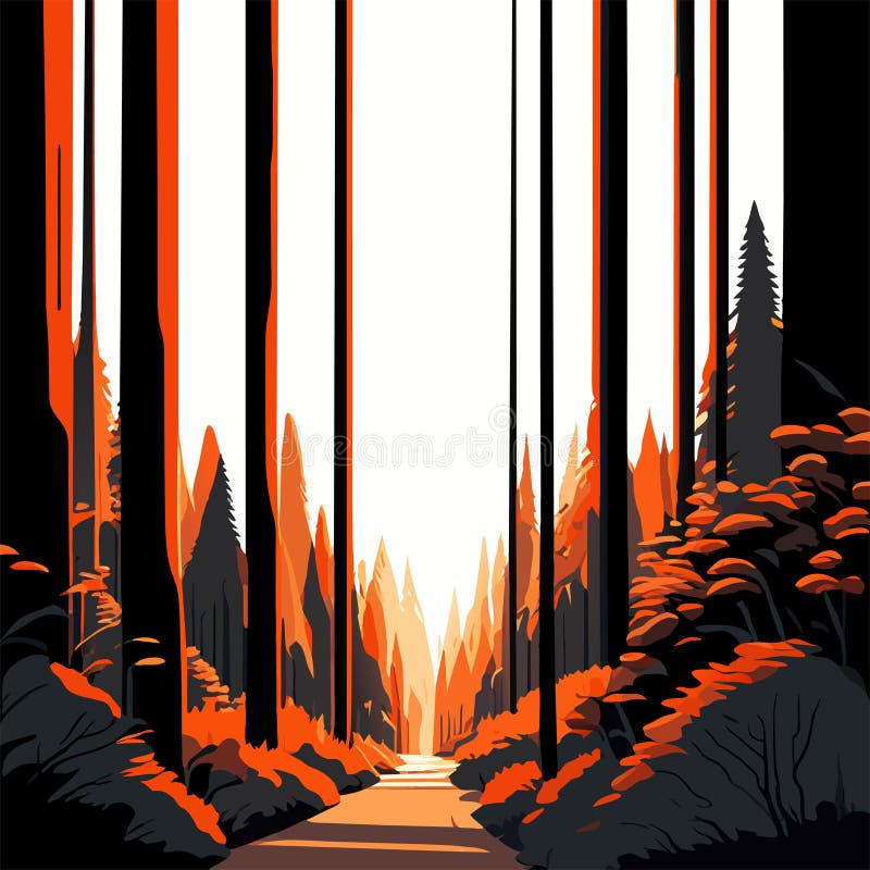 Illustration of a Path through the Woods with a Sunset in the ...