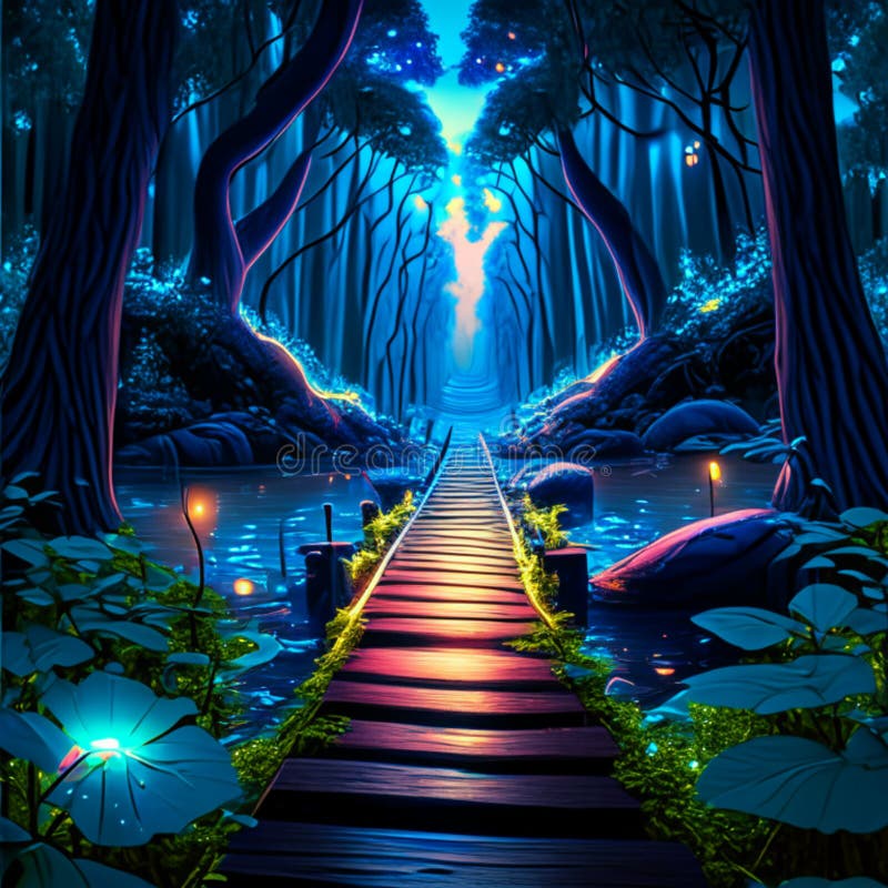Illustration of a Pathway through a Dark Forest at Night, 3D Rendering ...