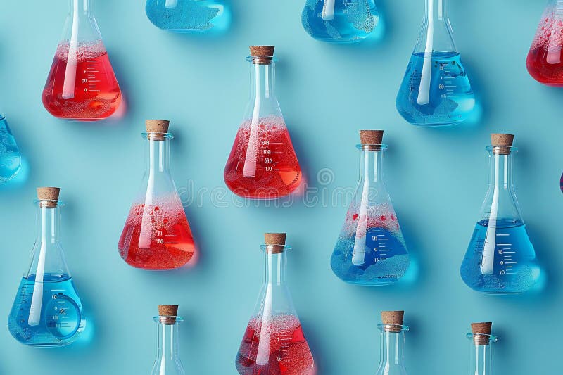 A Pattern of Different Sized Beakers Filled with Red and Blue Liquid on ...