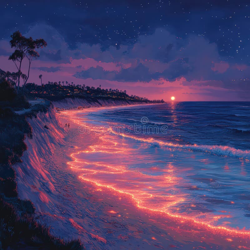 A Peaceful Beach with Glowing, Psychedelic Waves and Retro-futuristic ...