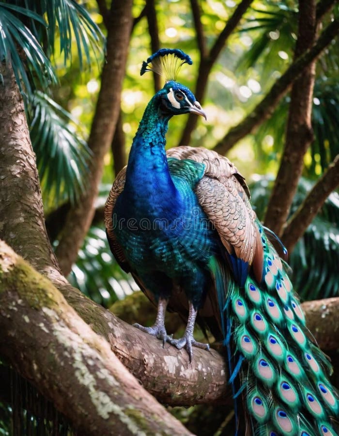 An Illustration of a Peacock with Beautiful Feathers Under a Tree in ...