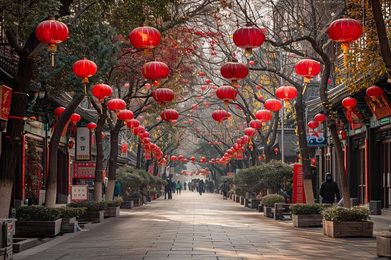 Illustration of Pedestrian Street in Beijing with Red Lanterns and ...