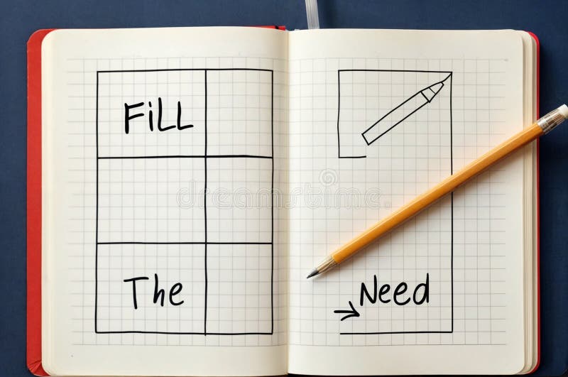 Pencil and Book with Two Open Pages Displaying the Text Words "FILL the ...