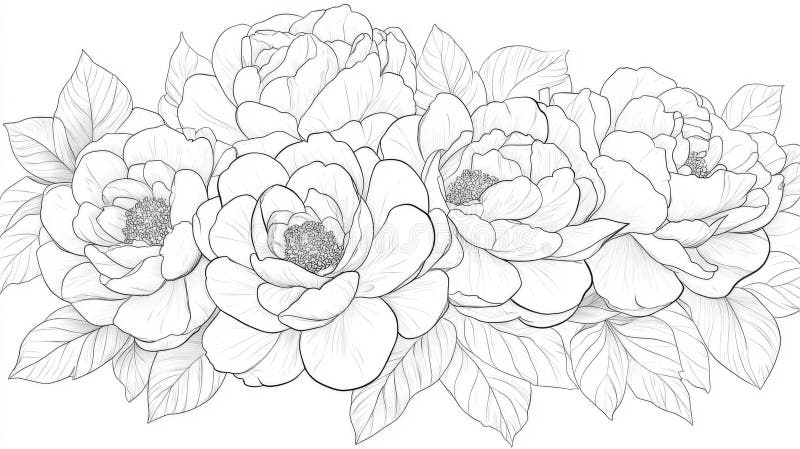 Illustration of Peonies in Detailed Line Drawing. Stock Image - Image ...