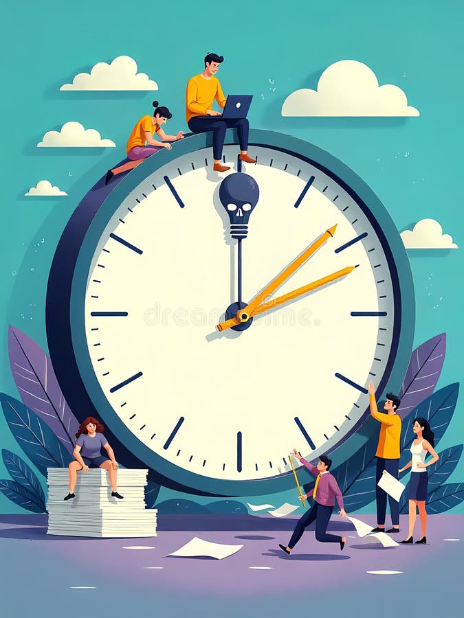 Illustration of People Interacting with a Giant Clock, Representing ...