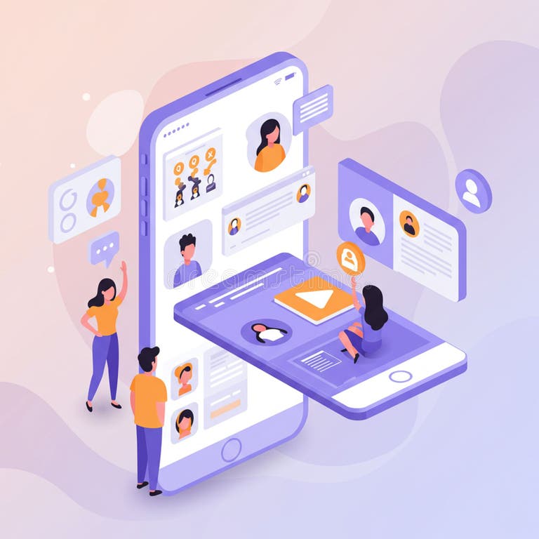 Illustration of People Interacting with Oversized Smartphone Interfaces ...