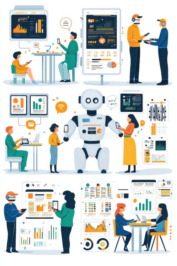 Illustration of People Interacting with Technology and Data Analysis ...