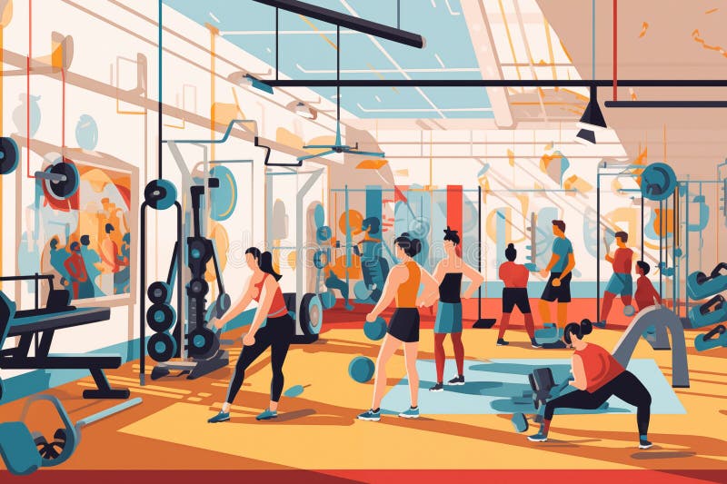 Illustration of People Keeping Fit and Exercising at Gym Stock ...