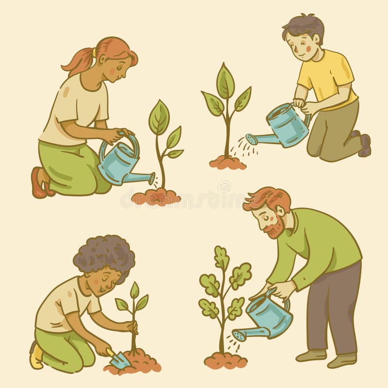 Illustration of People Planting and Watering a Tree Stock Illustration ...