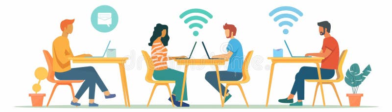 Illustration of People Working on Laptops, Connected To Wi-Fi, Sitting ...