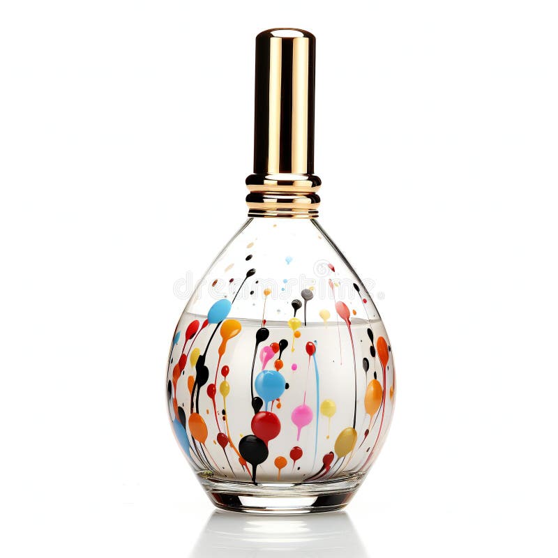 Perfume Bottle with Colorful Drops Isolated on a White Background Stock ...