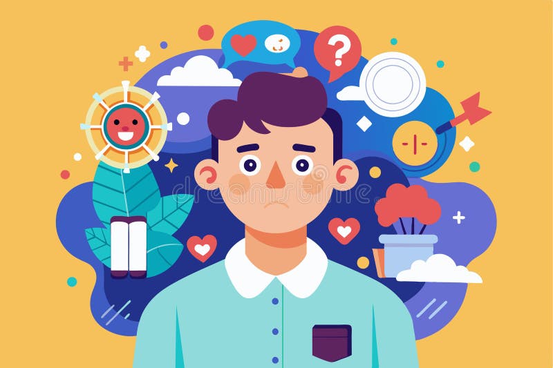 Illustration of a Person with a Confused Expression, Surrounded by ...