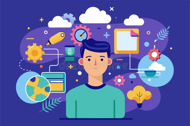 Illustration of a Person with Gears, Clouds, and Shapes Symbolizing ...