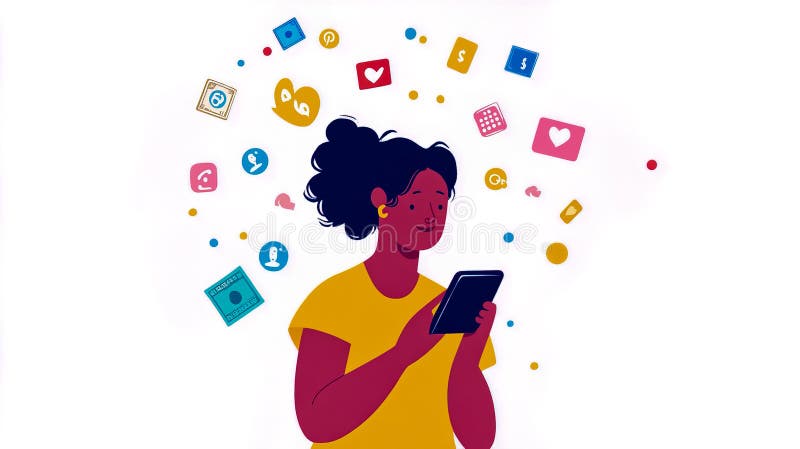 Illustration of a Person Interacting with a Mobile Phone, Using Social ...