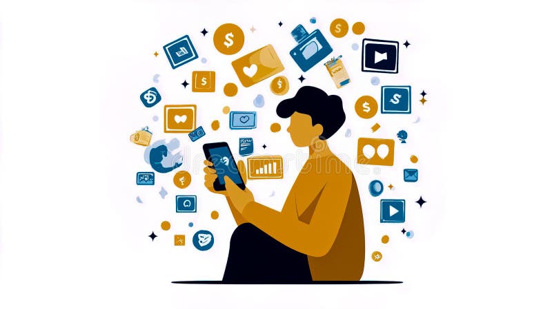 Illustration of a Person Interacting with a Mobile Phone, Using Social ...