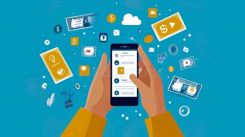 Illustration of a Person Interacting with a Mobile Phone, Using Social ... Illustration of a Person Interacting with a Mobile Phone, Using Social ...