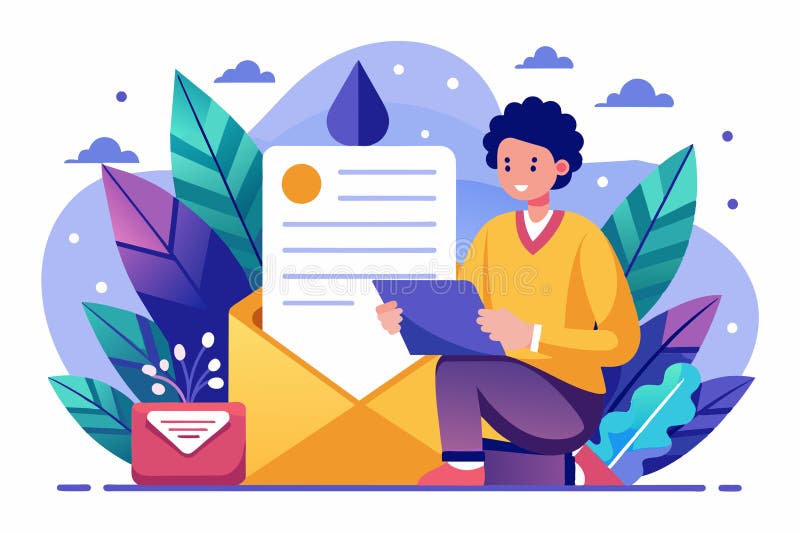 An Illustration of a Person Reading a Letter while Sitting on a Large ...