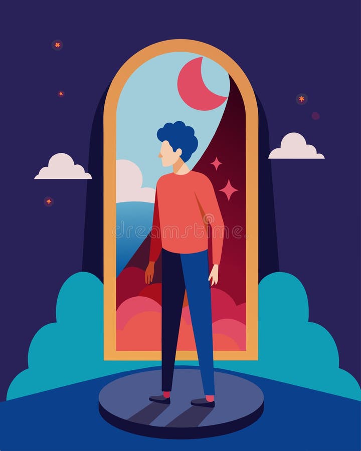 An Illustration of a Person Standing in Front of a Funhouse Mirror ...