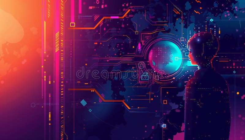 Illustration of a Person Transforming into Digital Form and Entering a ... Illustration of a Person Transforming into Digital Form and Entering a ...