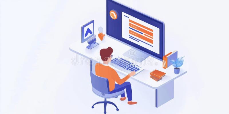 Illustration of Person Working at Computer with Books and Plant on Desk ...