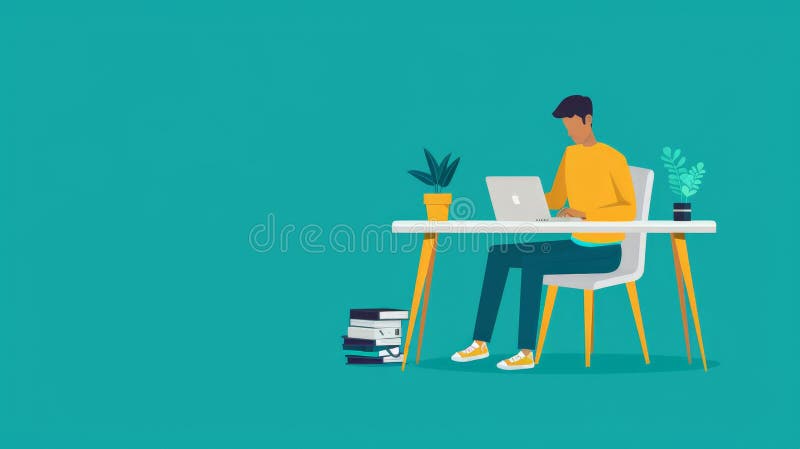 Illustration of a Person Working on a Laptop at a Desk with a Teal ...