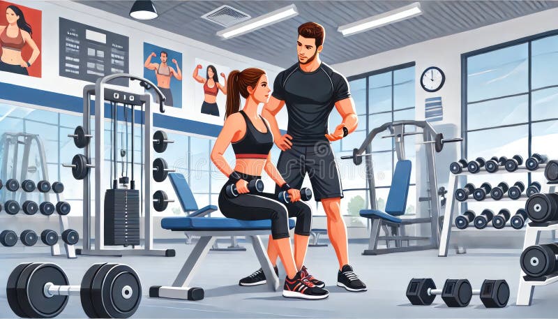 Illustration of Personal Trainer Coaching a Client in a Modern Gym ...