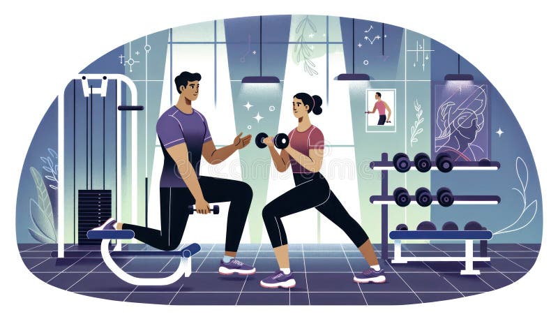 Illustration of Personal Trainer Guiding Client during Strength ...