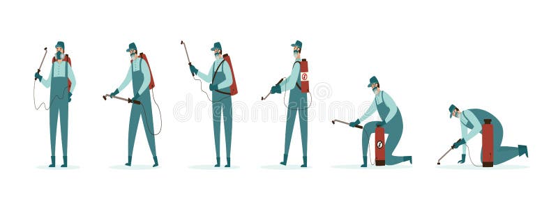 An Illustration of a Pest Control Worker in Various Poses Wearing ...