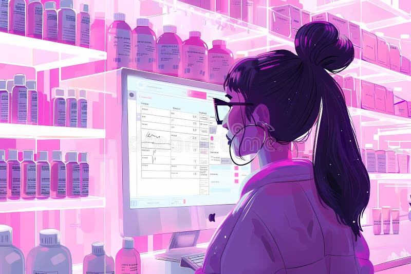 Illustrated Pharmacist in a Neon Digital Pharmacy Stock Illustration ...