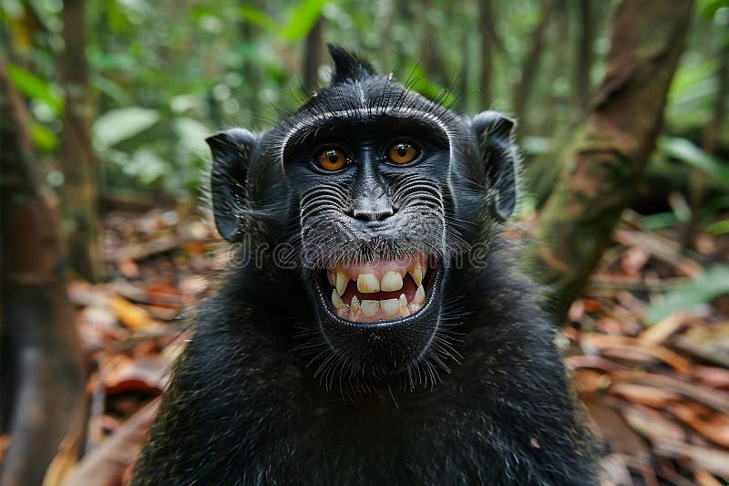 A Photo of an Aggressive Black Macaque with Sharp Teeth Smiling in the ...