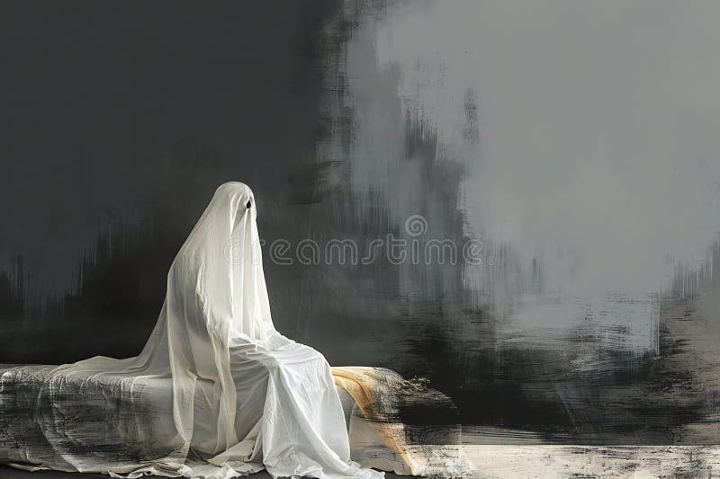 Photo of White Sheet Ghost Costume Sitting on the Sofa, Black and Grey ...