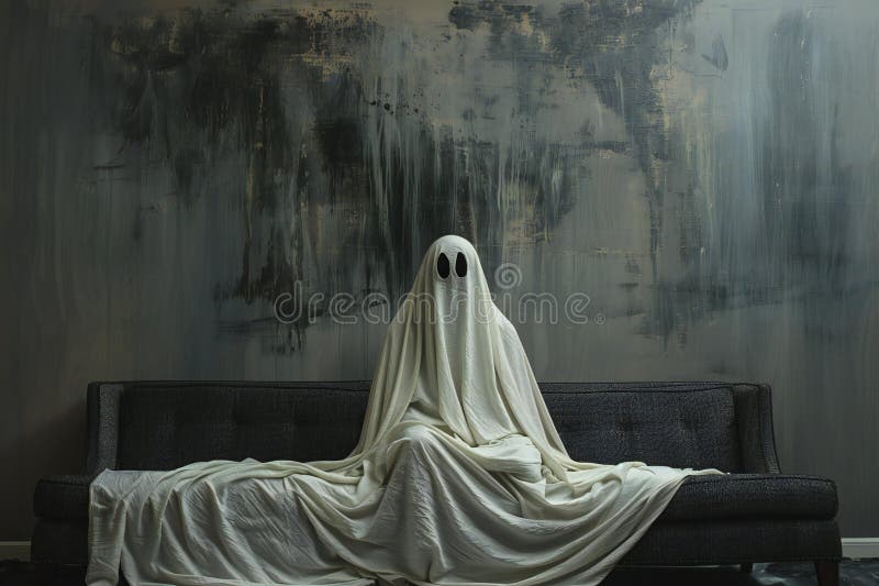Photo of White Sheet Ghost Costume Sitting on the Sofa, Black and Grey ...