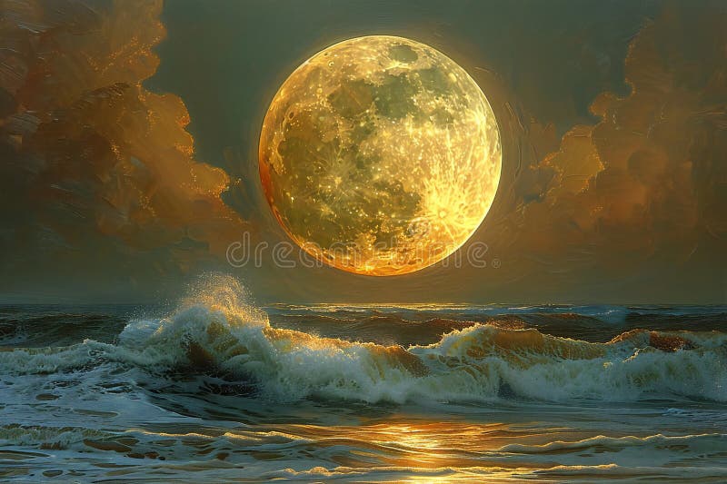 Photograph of a Full Moon Rising Over the Ocean with Large Waves in ...