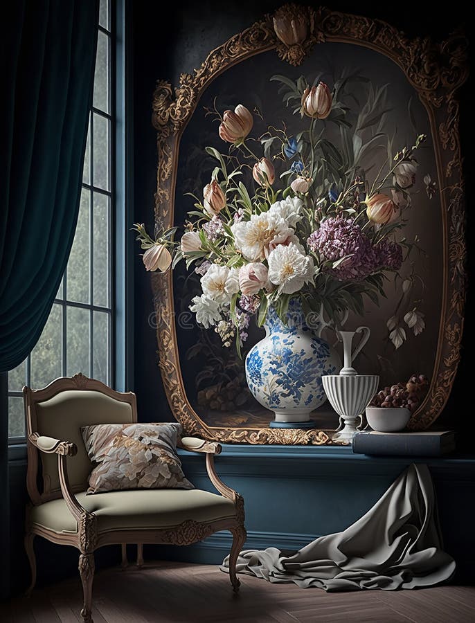 Baroque Room with Dramatic Lighting and Chandelier Stock Illustration ...