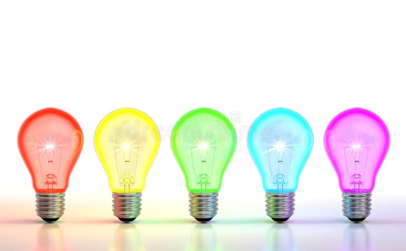 Row of Shining Rainbow Colored Light Bulbs on a Reflective White ...
