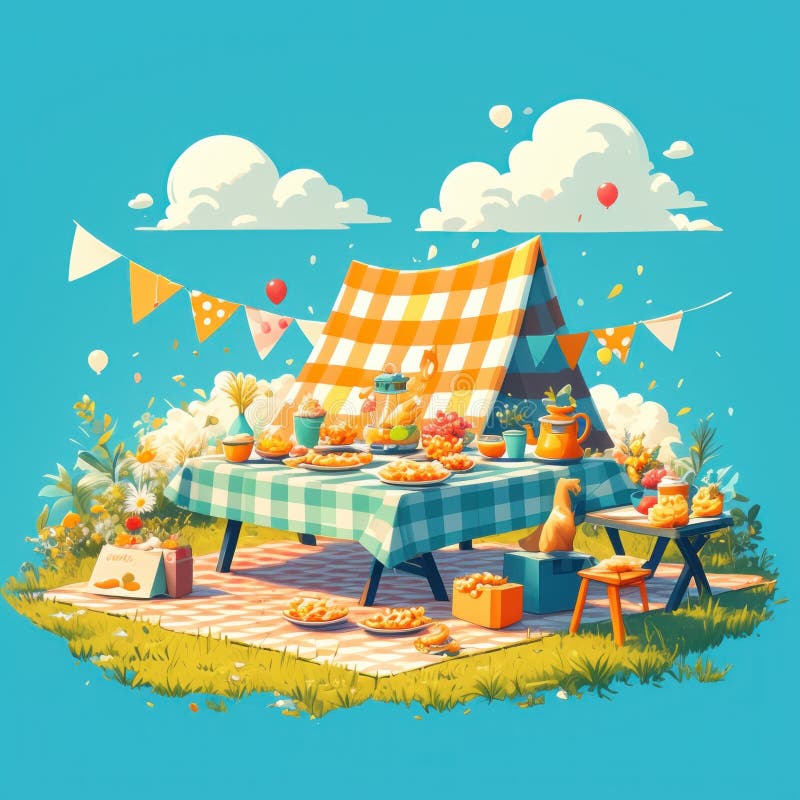 Illustration of a Picnic Setup with a Tent, Table, and Food Stock ...
