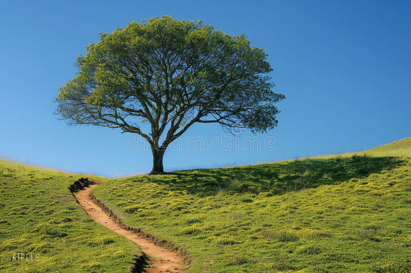 Picture Featuring a Tree Stands on the Grassy Hillside, with Two Paths ...