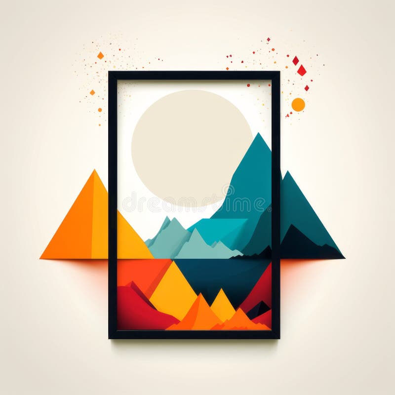 An Illustration of a Picture Frame with Mountains and a Sun Stock ...