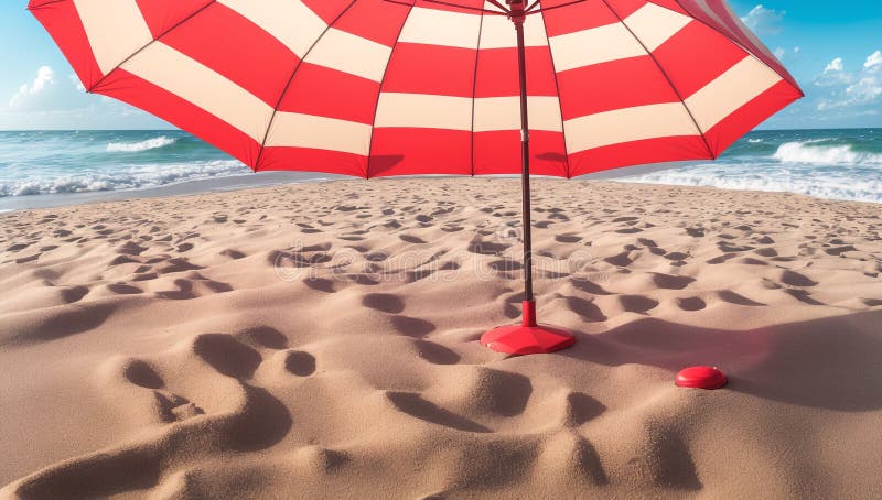An Illustration of a Picturesque Beach with a Red and White Umbrella ...