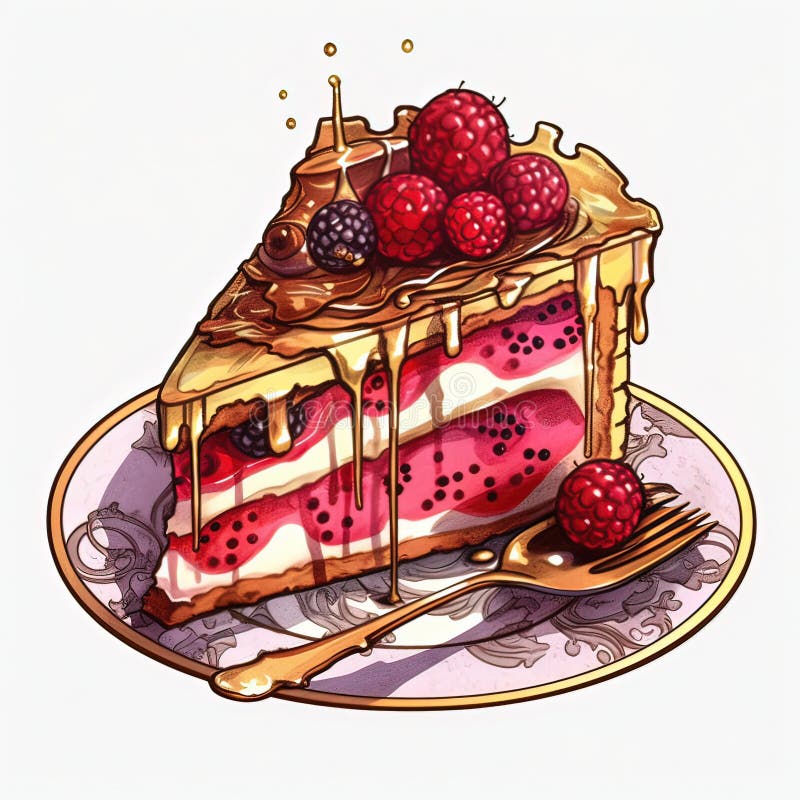 Illustration of a Piece of Cake with Raspberries and Blackberries Stock ...