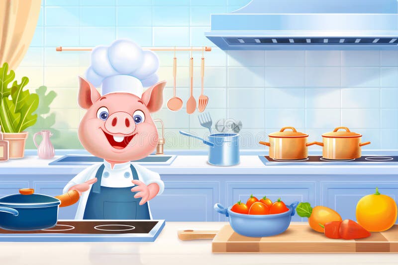Illustration of Pig Chef Cooking in a Bright Kitchen W Stock ...