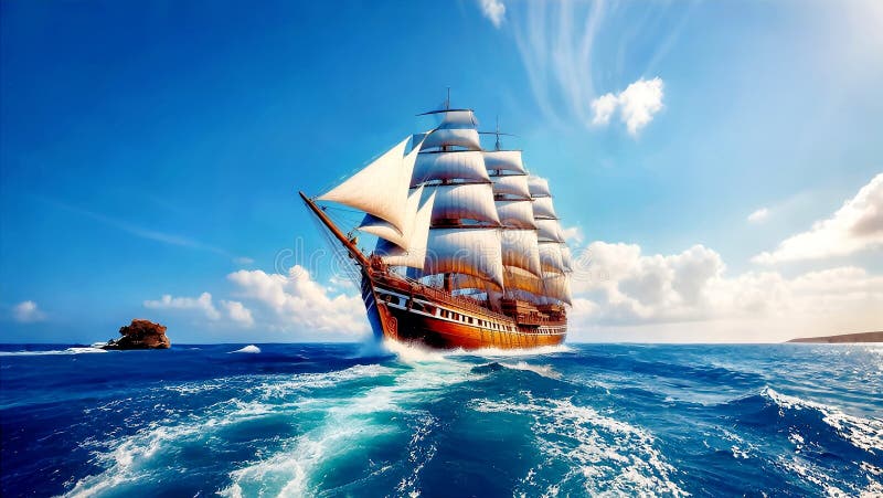 Illustration of a Pinisi Ship Sailing on the Blue Sea Stock ...