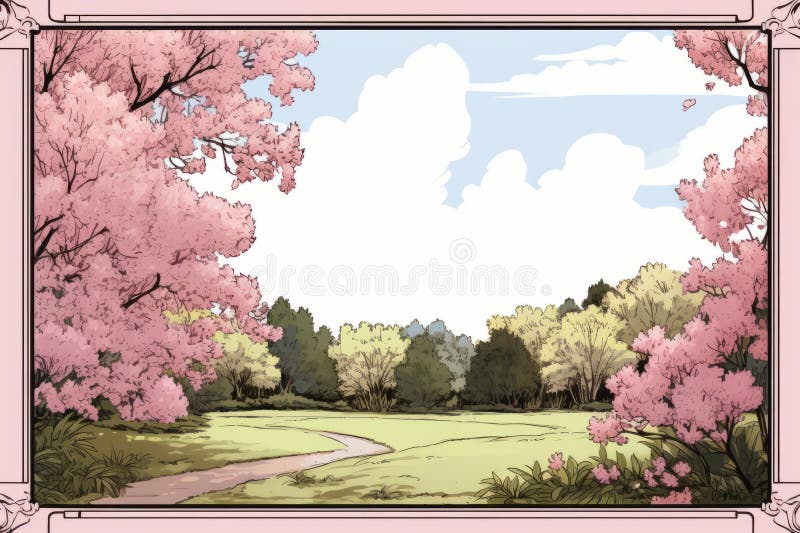 An Illustration of a Pink Field with Trees and a Path Stock ...