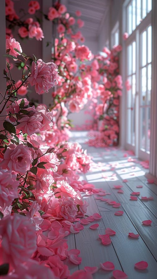 Illustration of Pink Rose Vine Flowers in an Empty Elegant White Room ...