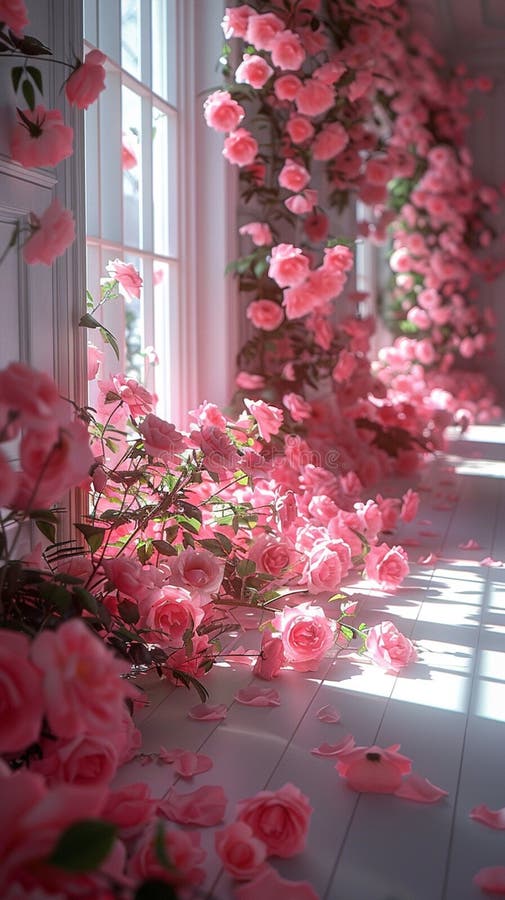 Illustration of Pink Rose Vine Flowers in an Empty Elegant White Room ...