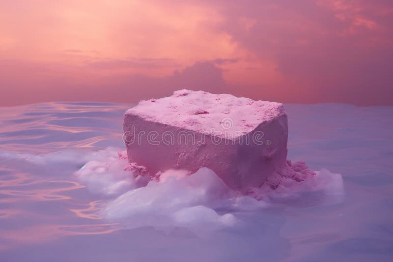 Pink Ice Cube in the Sea at Sunset, Render Stock Illustration ...