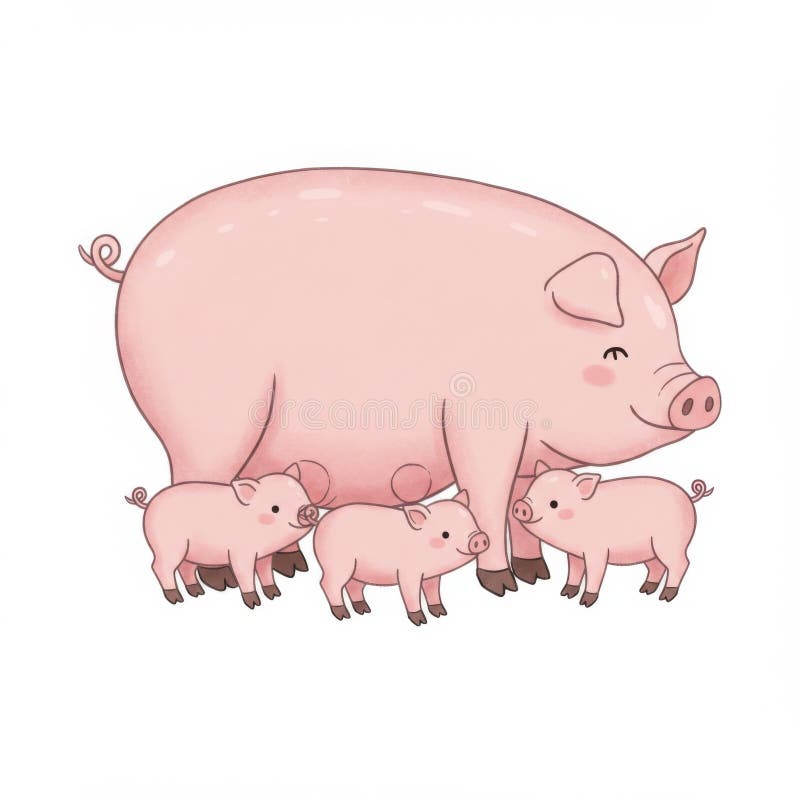 Illustration of Pink Pig with Piglets Standing Together on White ...