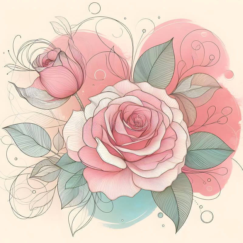 A Pink Rose Line Art and Paste Stock Illustration - Illustration of ...