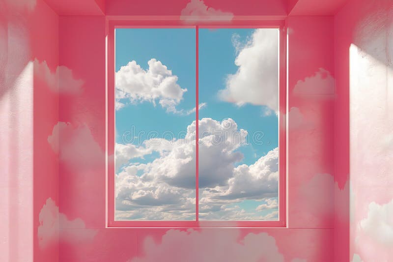 Pink Window with Blue Sky and White Clouds, Rendering Stock ...