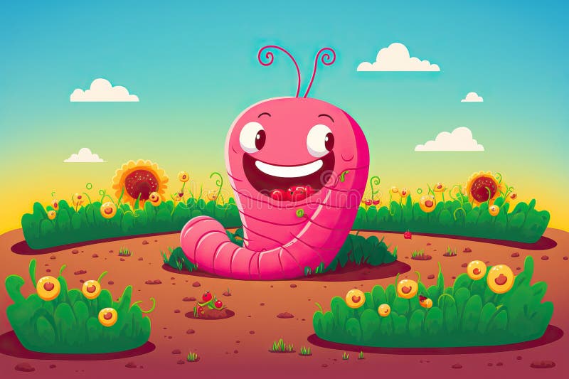 Illustration of a Pink Worm with a Smile Crawling on the Ground in a ...